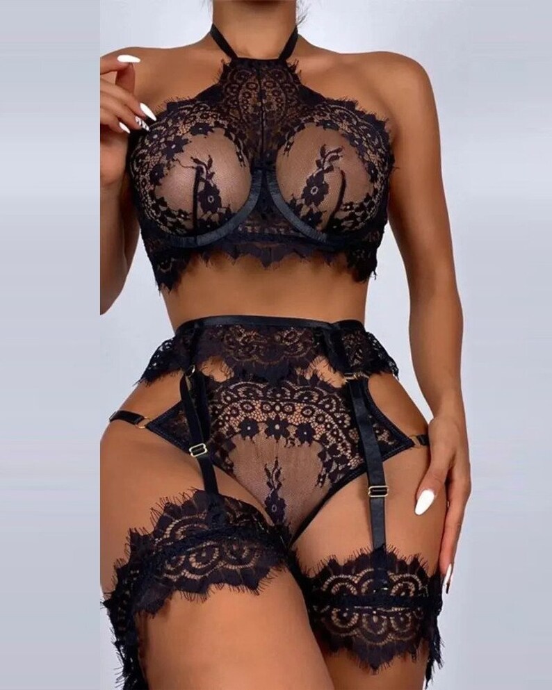 Halter Lace Garter Lingerie Set Etsy