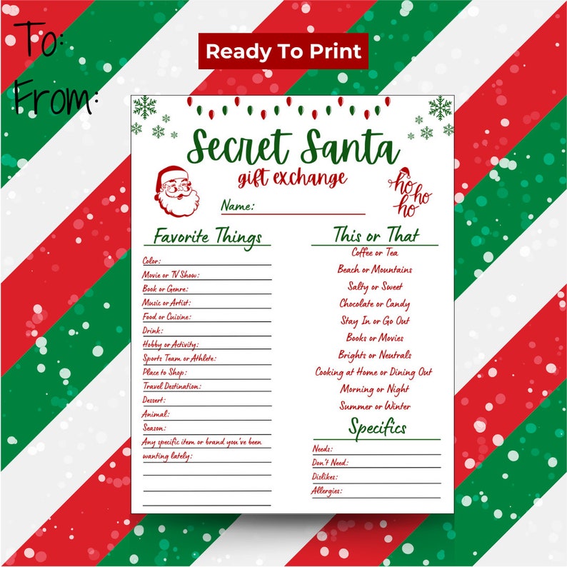 Gift Exchange Form Secret Santa Survey Coworker Gift Swap - Etsy Australia