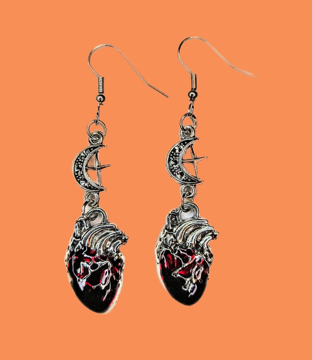Bleeding Hearts Crescent Moon Gothic Drop Dangle Lobe Piercing Earrings ...