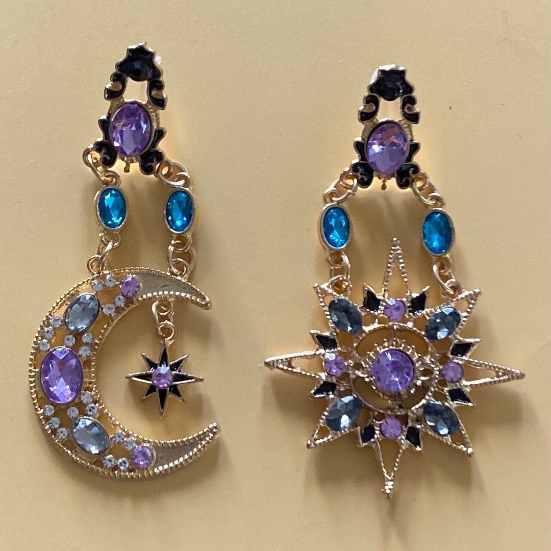 Gypsy Crescent Moon and Starburst Jeweled Dangle Earring Pair - Etsy