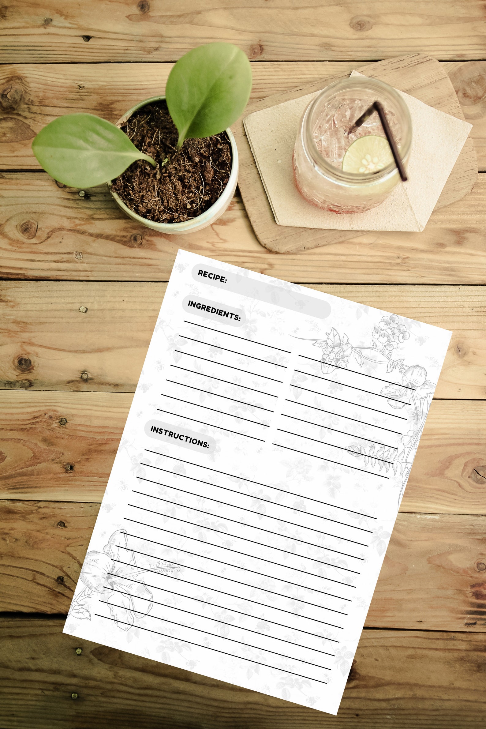 Blank Floral Recipe Book Page Letter Paper Size Printable, Printable ...