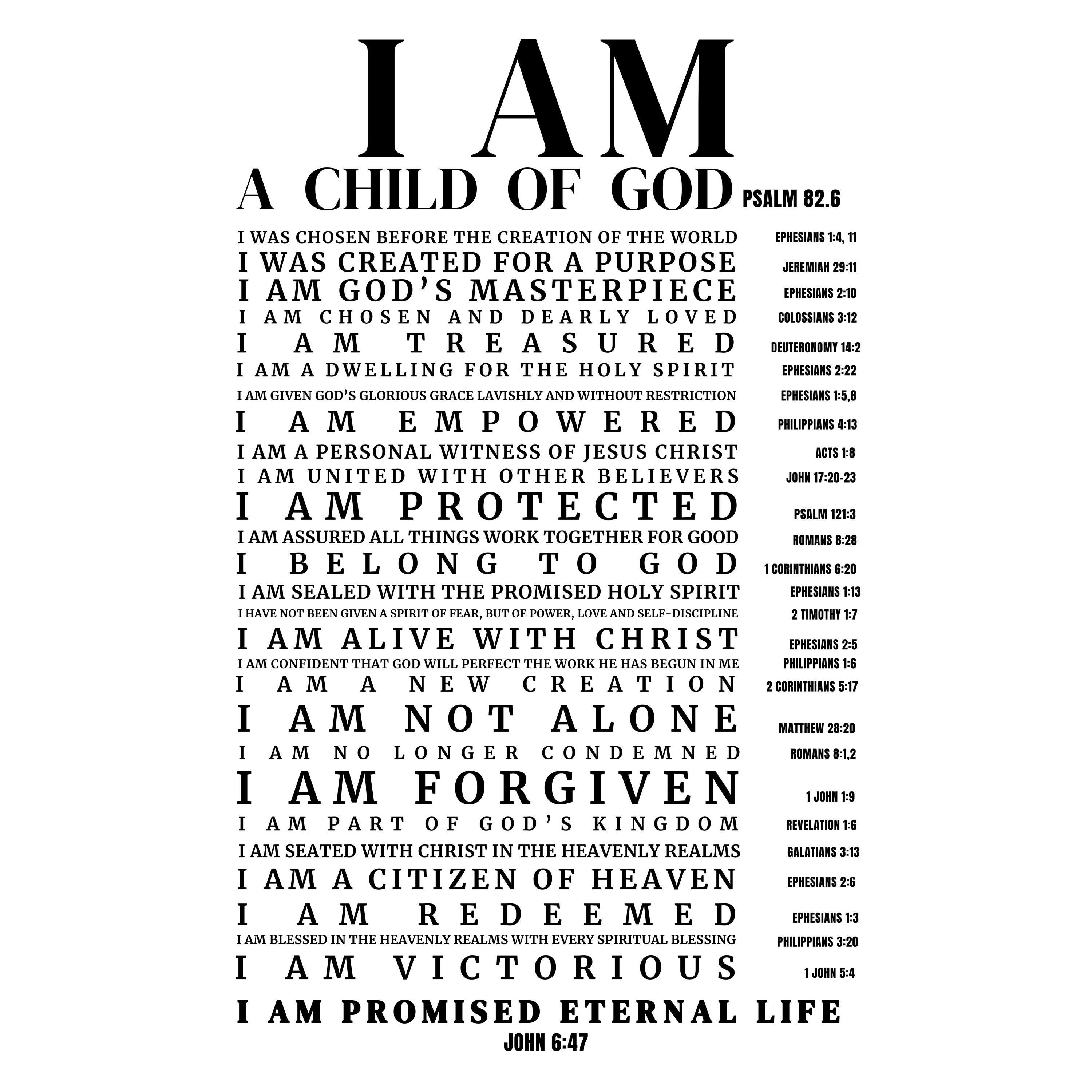 Psalm 82:6 I Am a Child of God Poster I Am God's Masterpiece Print God ...