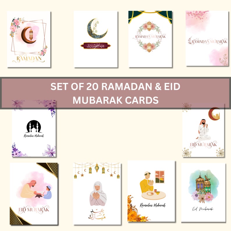 Printable Eid & Ramadan Mubarak Cards , Pack of 20islamic Greeting ...