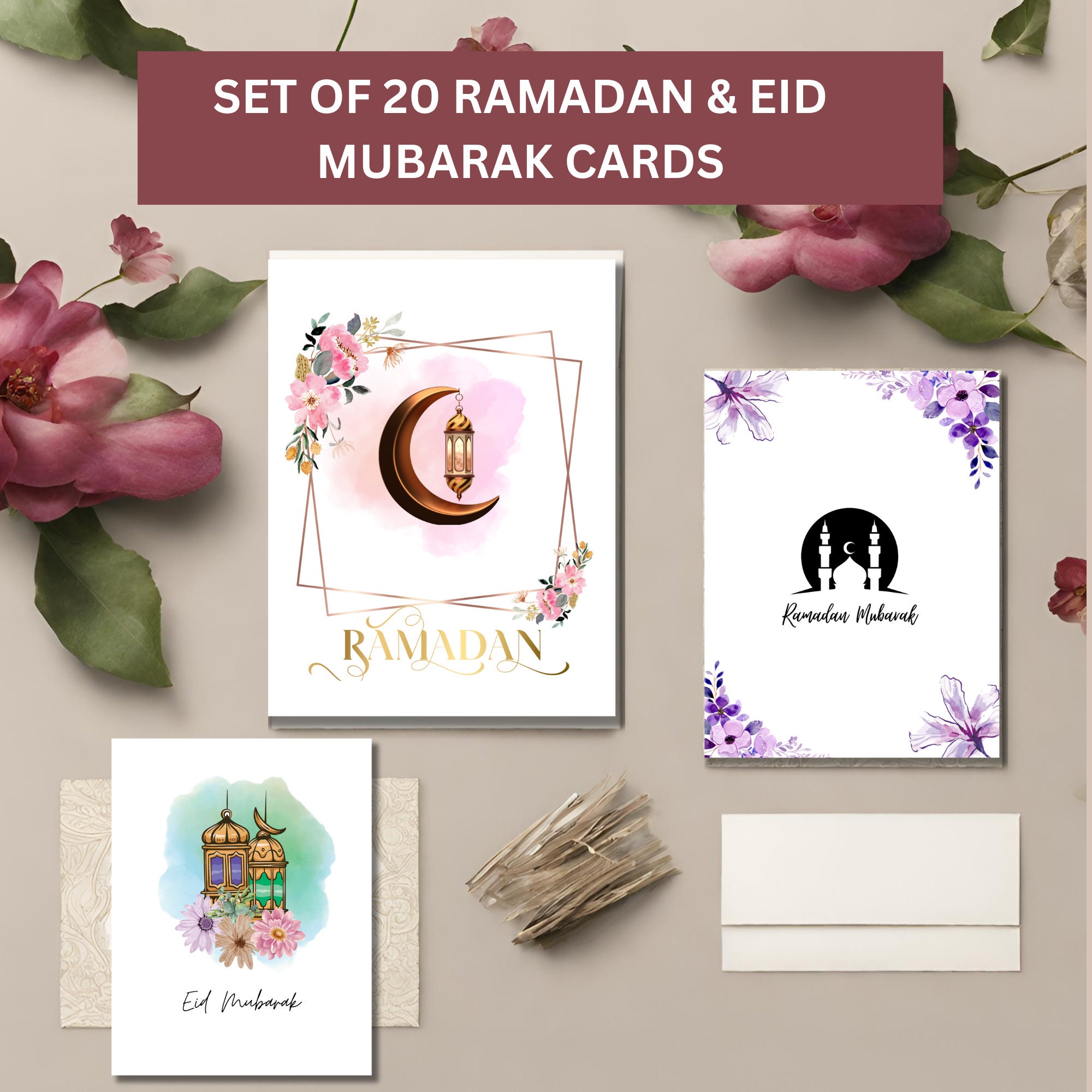 Printable Eid & Ramadan Mubarak Cards , Pack of 20islamic Greeting ...