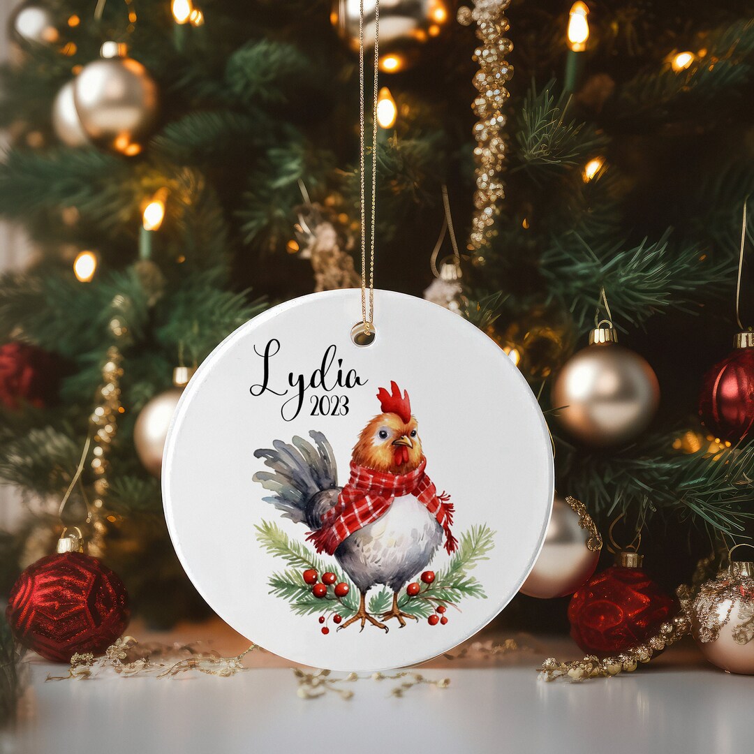 Cute Christmas Chicken in Red Scarf Ornament, Personalized Chicken ...