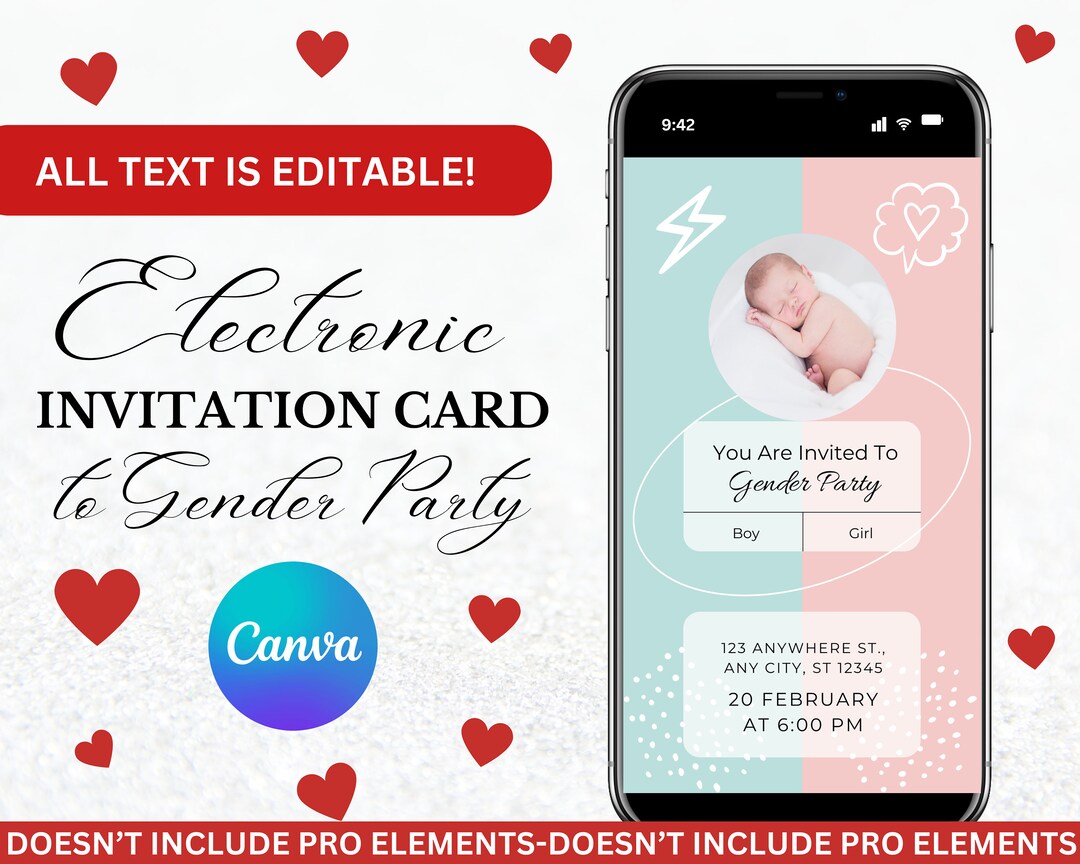 Gender Party Electronic Invitation Card, Photo Template, Edit Card for ...