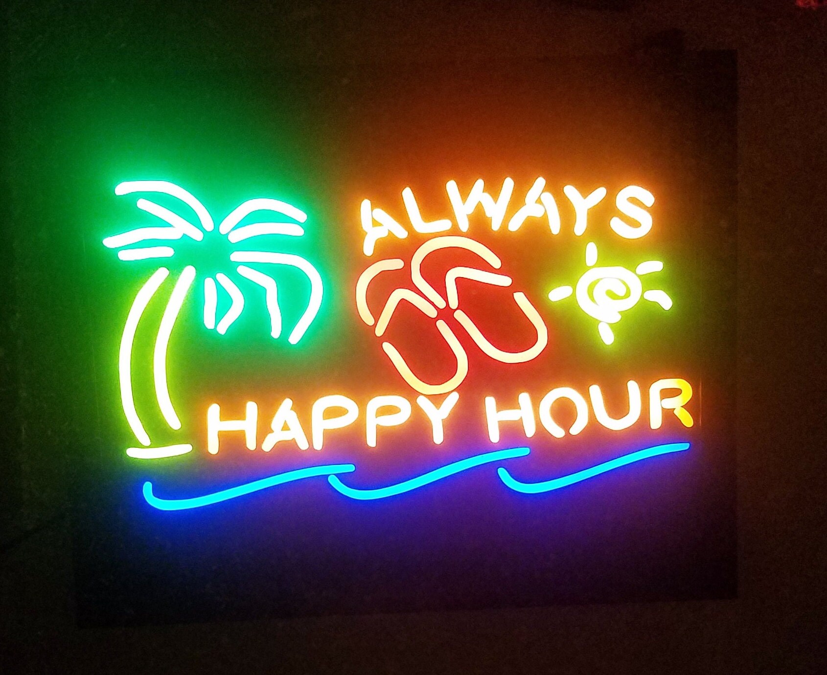 Always Happy Hour Palm Tree Sandals Sun LED Neon Sign 15x12 available ...