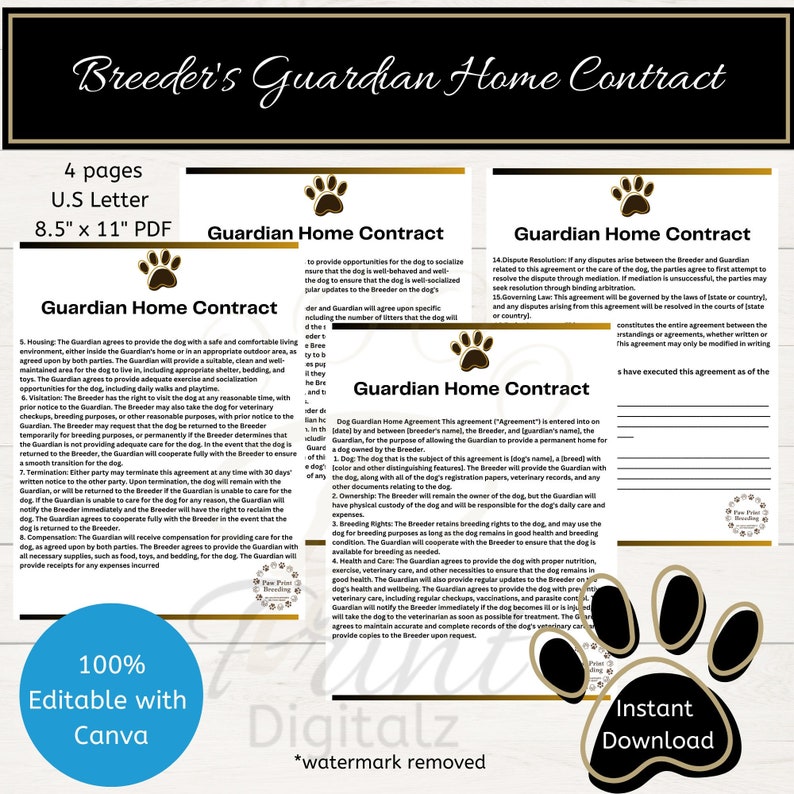 Guardian Home Contract Template for Breeders Customizable Editable With ...