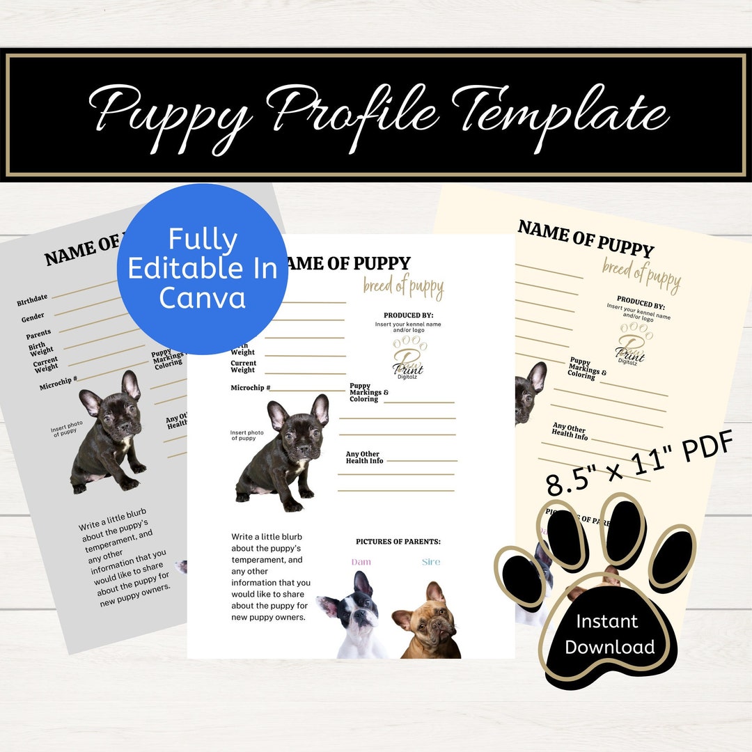 Puppy Profile Editable Template for Breeder Starter Pack Whelping Kit ...