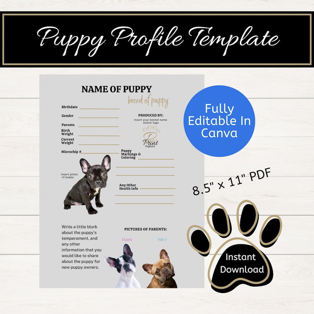 Puppy Profile Editable Template for Breeder Starter Pack Whelping Kit ...