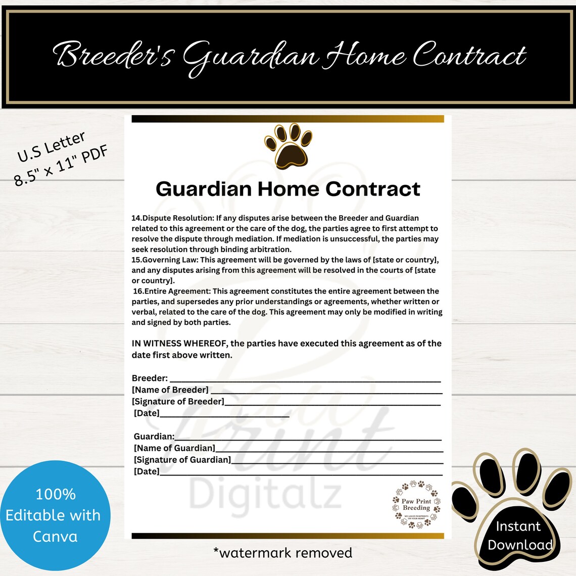 Guardian Home Contract Template for Breeders Customizable Editable With Canva Guardian Family ...