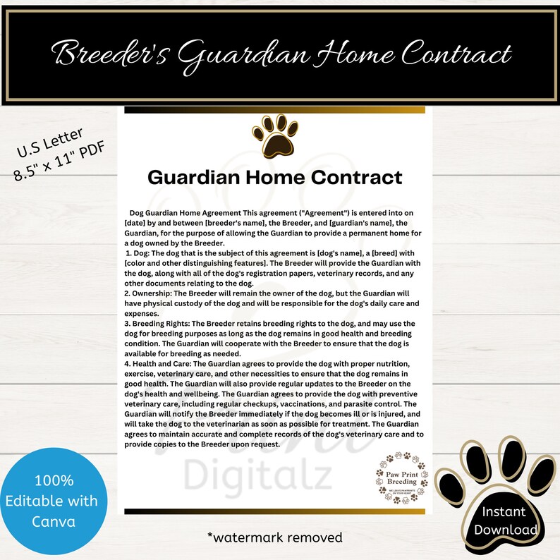 Guardian Home Contract Template for Breeders Customizable Editable With ...