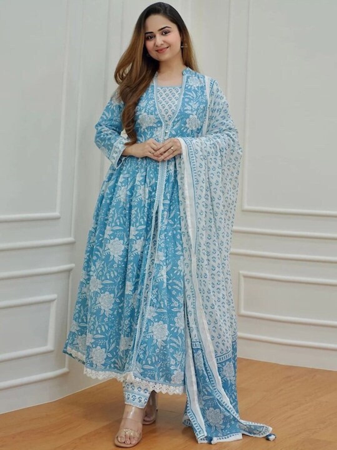 Hand Block Print Kurta Set Cotton Kurta & Trouser With Duptta Anarkali ...
