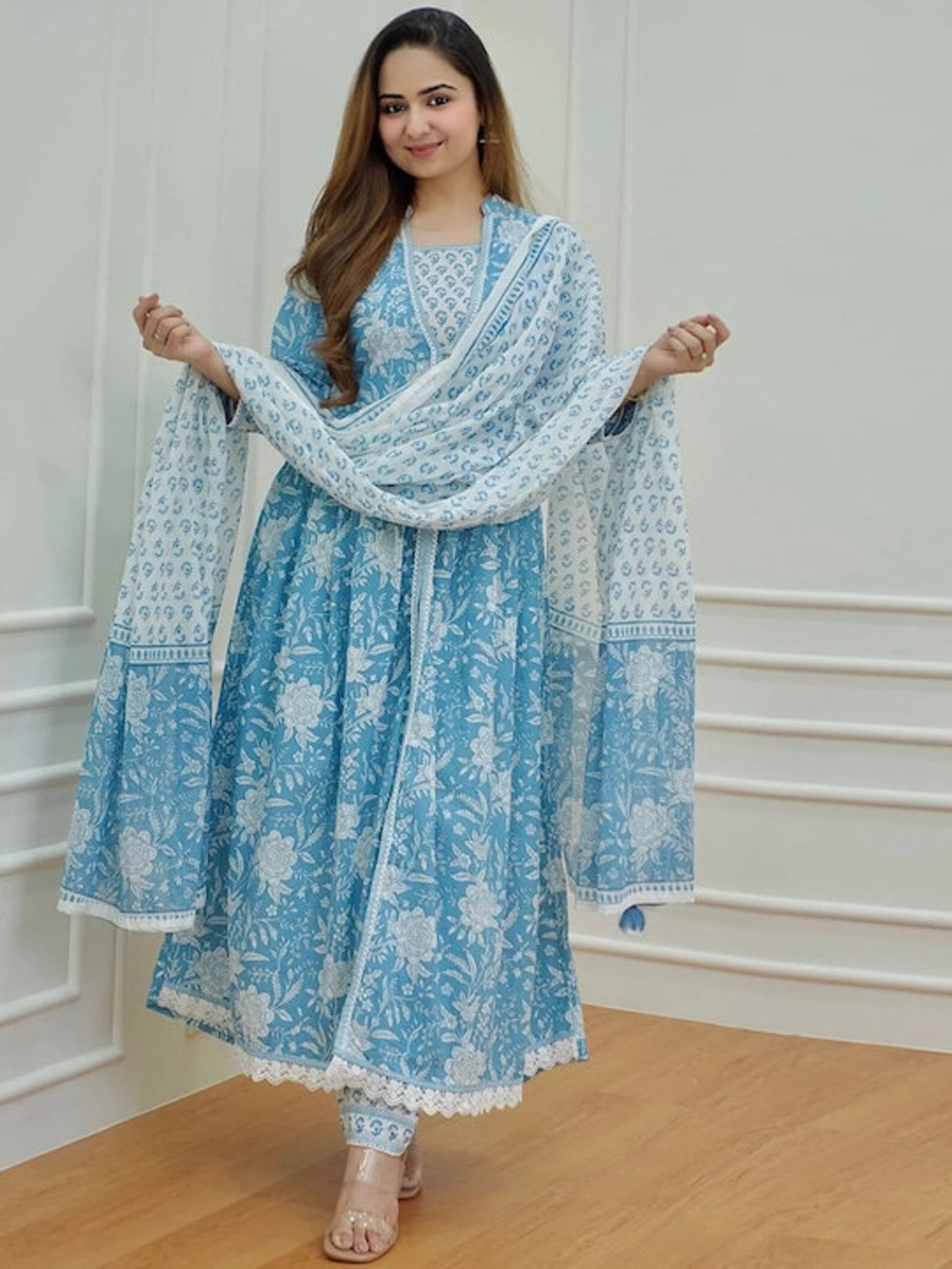 Hand Block Print Kurta Set Cotton Kurta & Trouser With Duptta Anarkali ...