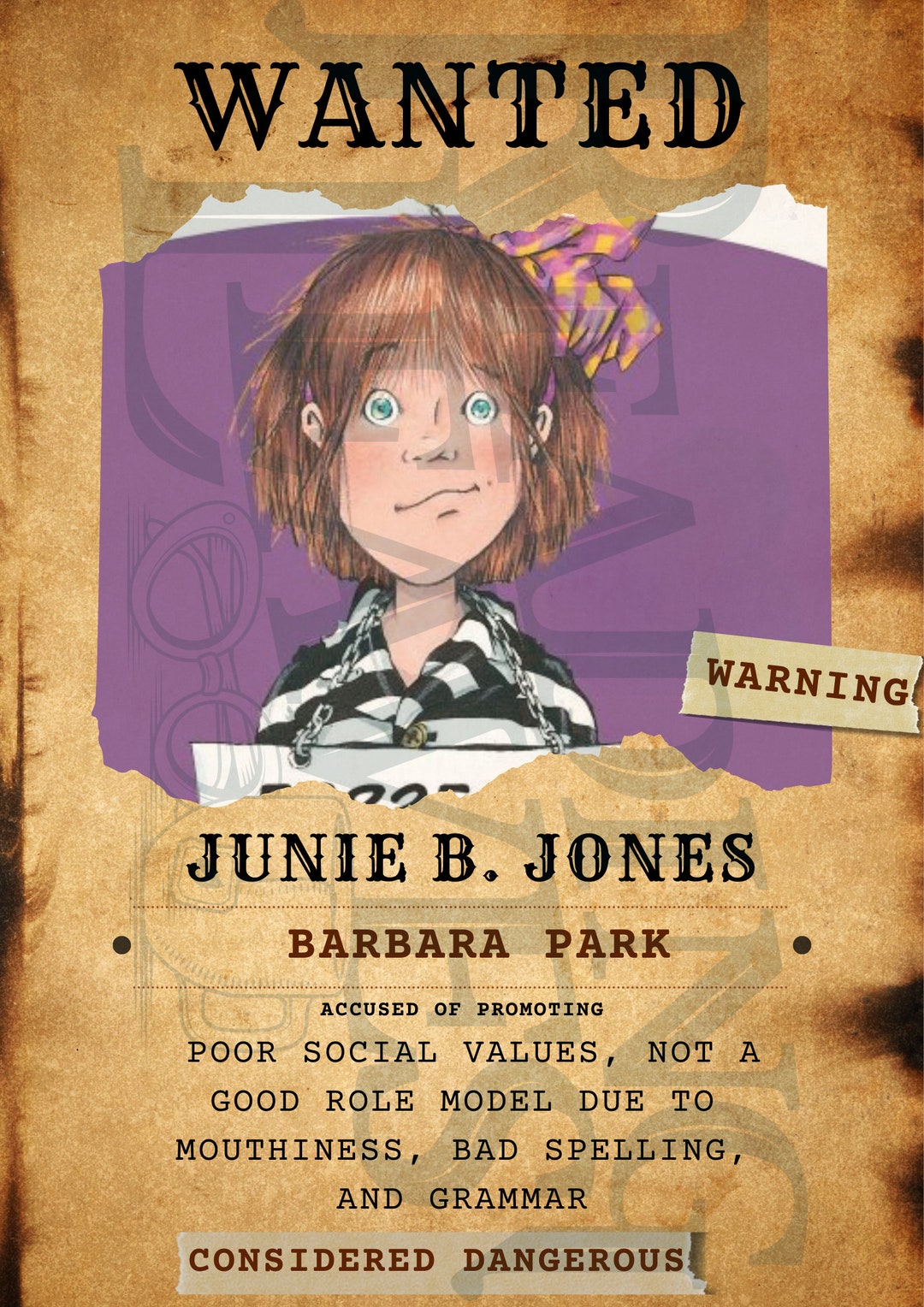 Junie B. Jones by Barbara Park Wanted Poster PDF & PNG - Etsy