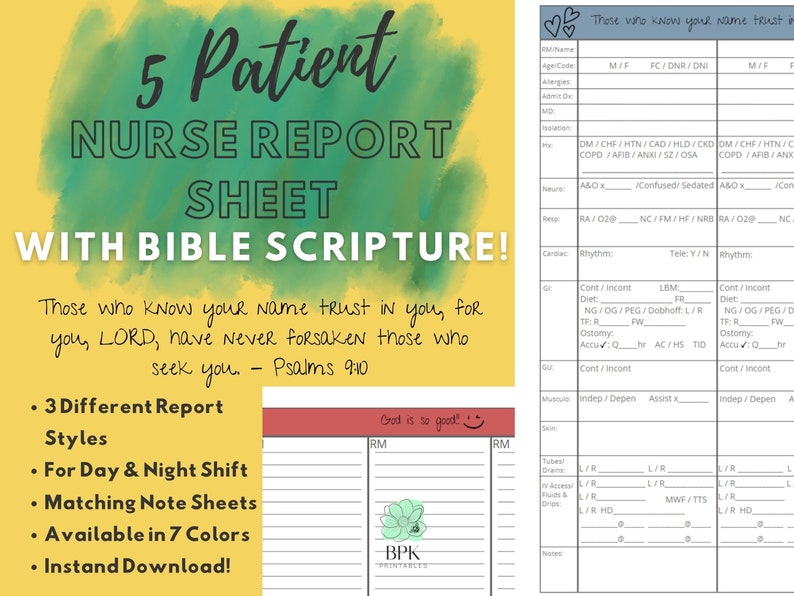5 Patient Nurse Report Sheet With Bible Verse, 3 Report Styles, Day ...