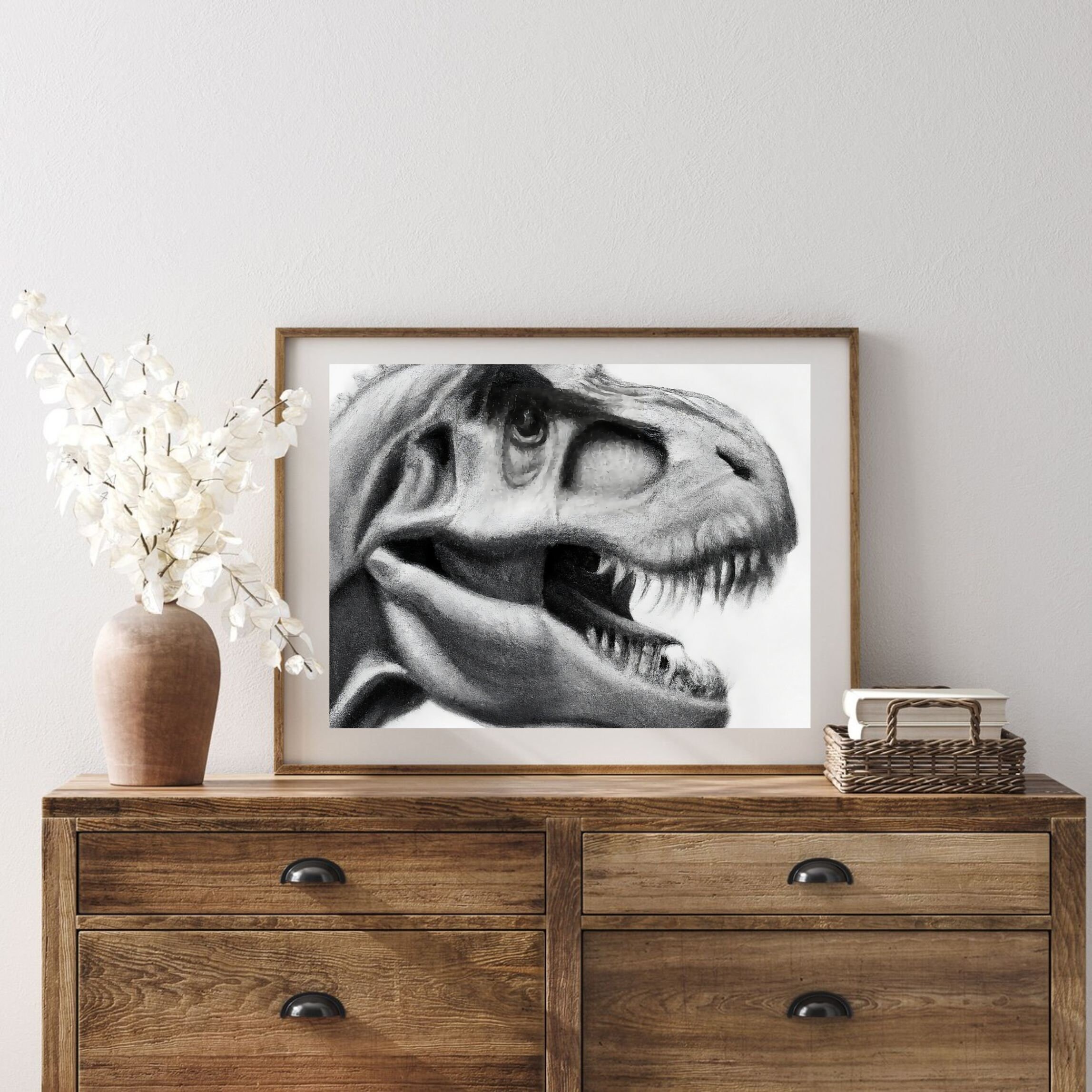T-rex Portrait, Detailed Dino Sketch Drawing, Dinosaur Wall Art Decor ...