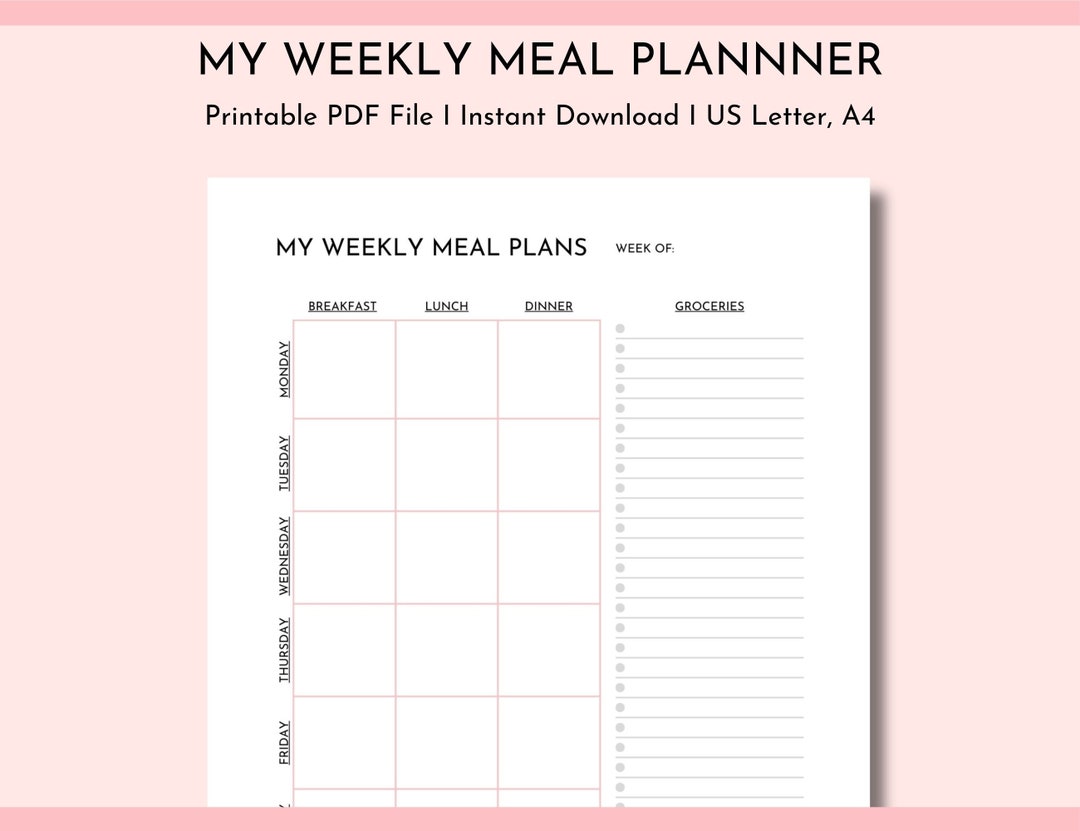 Weekly Menu Planner, Weekly Meal Planner and Grocery List, Weekly Menu ...