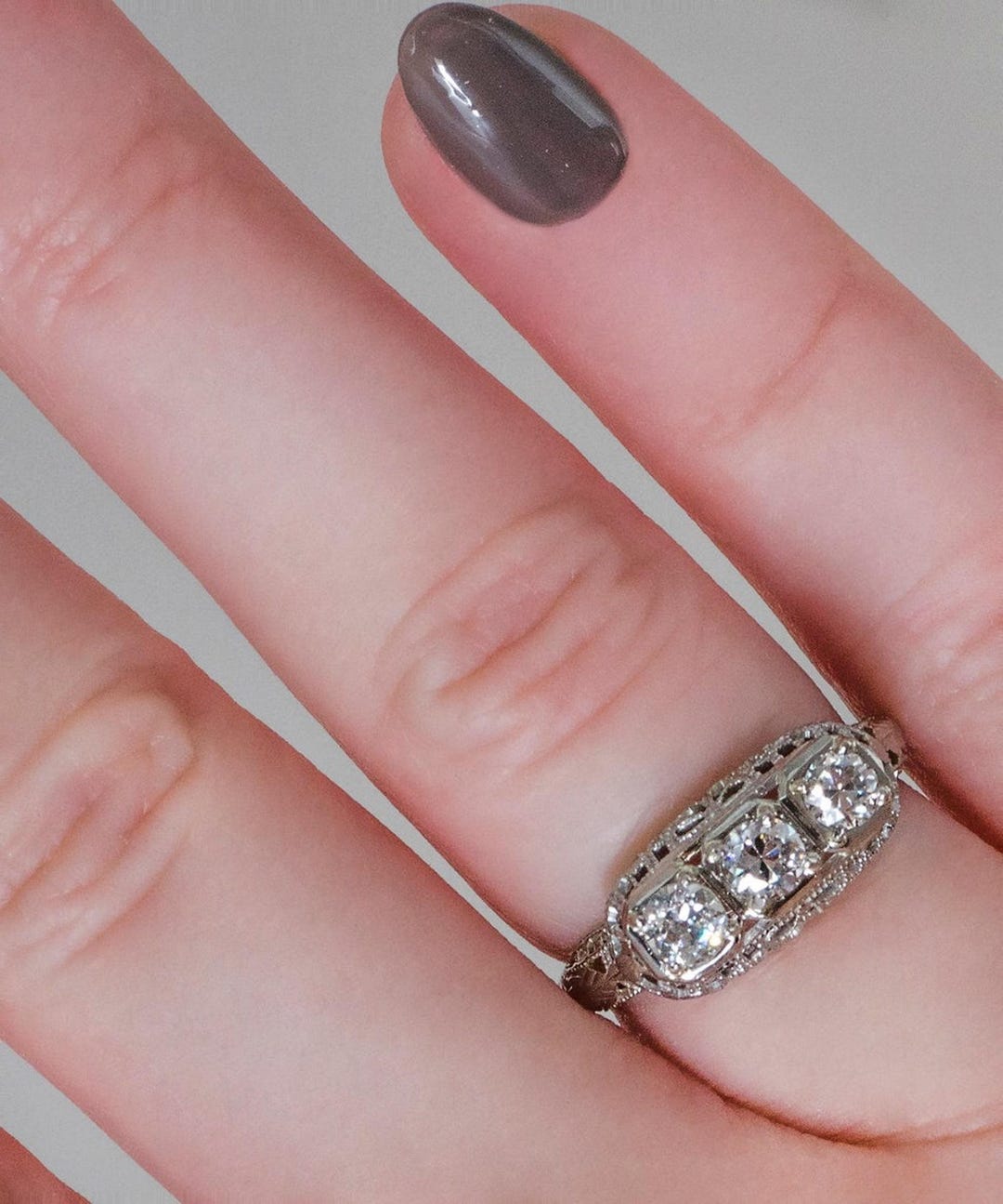 1910's Era Antique Art Deco Three Stone Filigree Engagement Ring ...