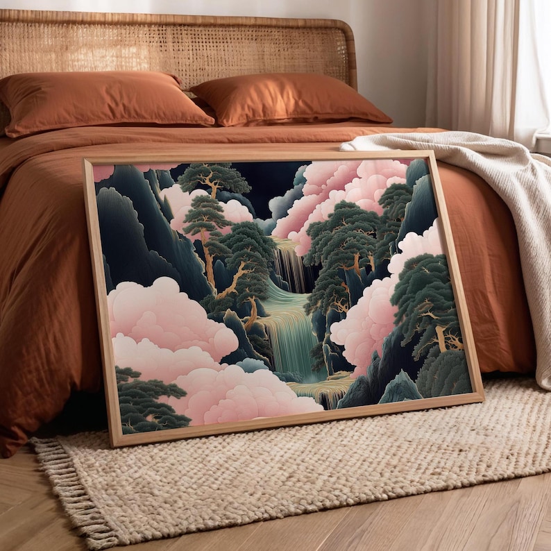 Hokusai Ukiyo-e Japanese Waterfall Wall Art Landscape Poster Print Blue ...