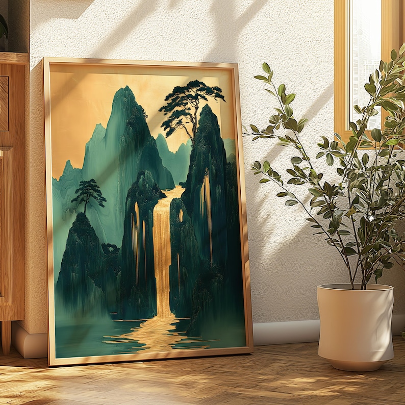 Japanese Waterfall Print, Hokusai Ukiyo-e Asian Landscape (digital ...