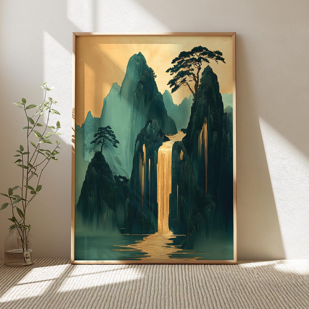 Japanese Waterfall Print, Hokusai Ukiyo-e Asian Landscape (digital ...