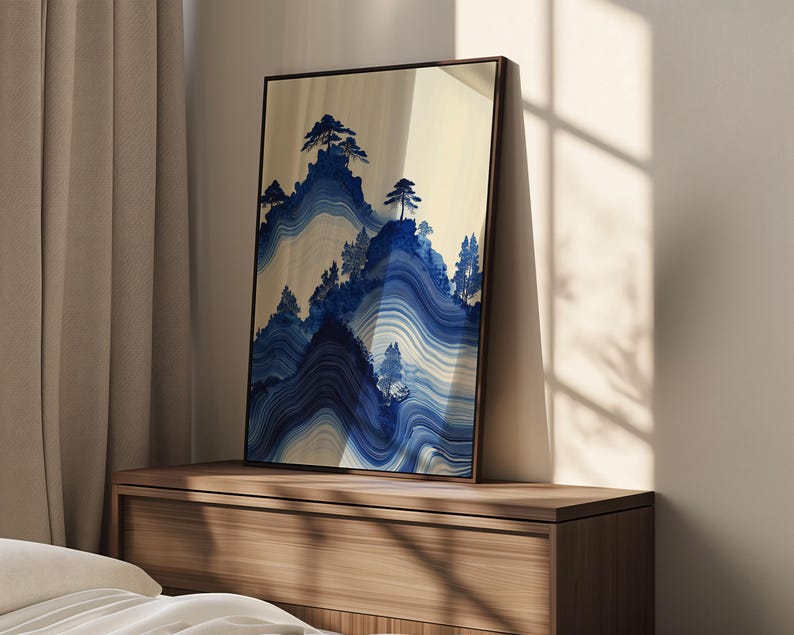 Asian Wall Art Landscape Poster Blue Modern Minimalist Asian Home Decor ...