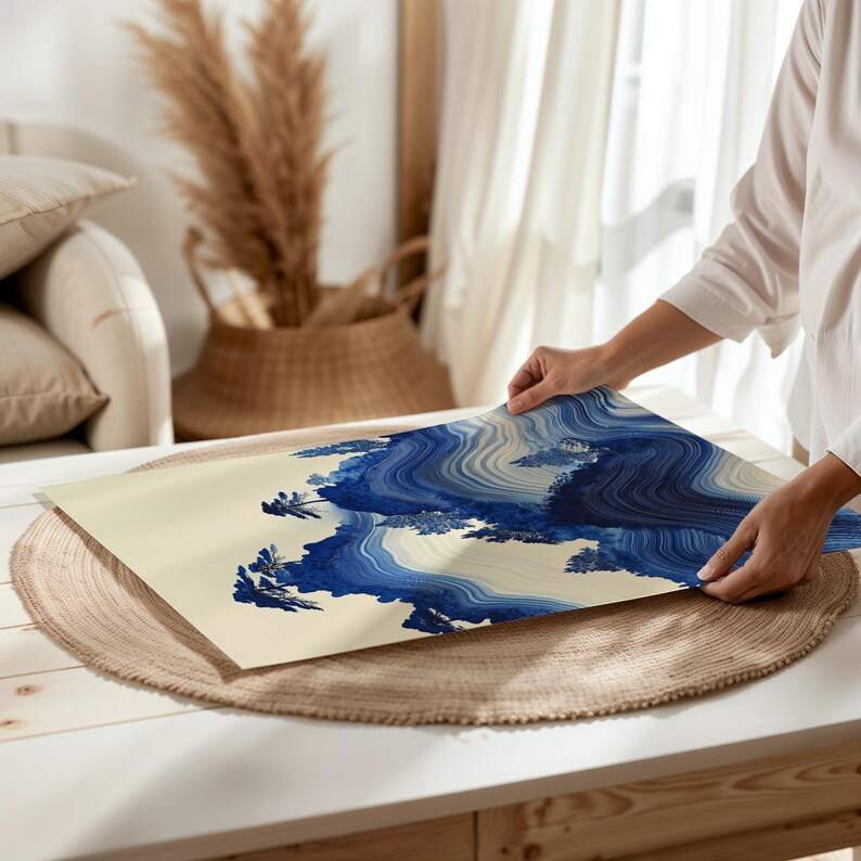 Asian Wall Art Landscape Poster Blue Modern Minimalist Asian Home Decor ...