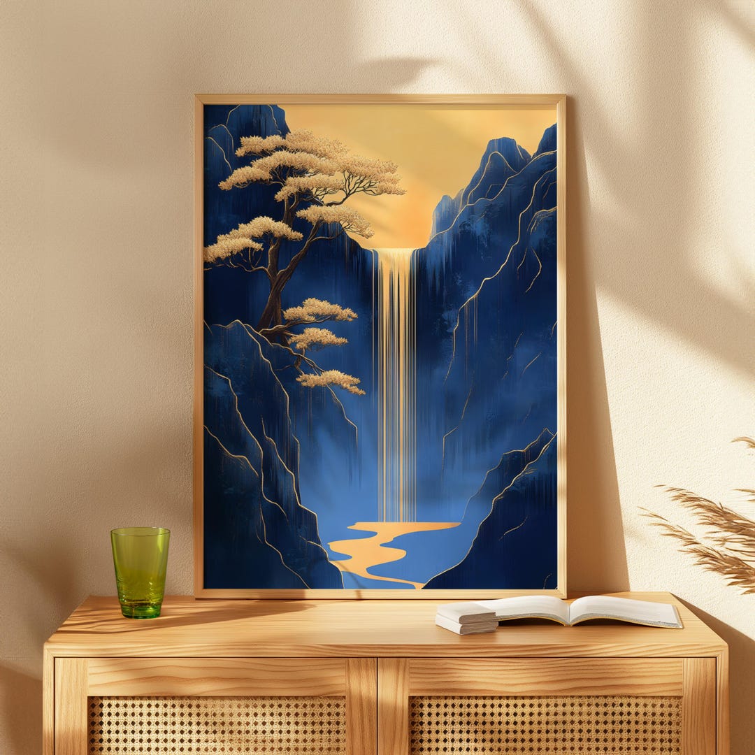 Hokusai Ukiyo-e Japanese Waterfall Wall Art Landscape Poster Print Blue ...