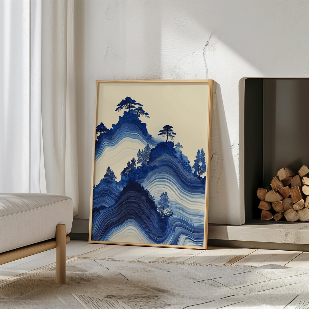Asian Wall Art Landscape Poster Blue Modern Minimalist Asian Home Decor ...