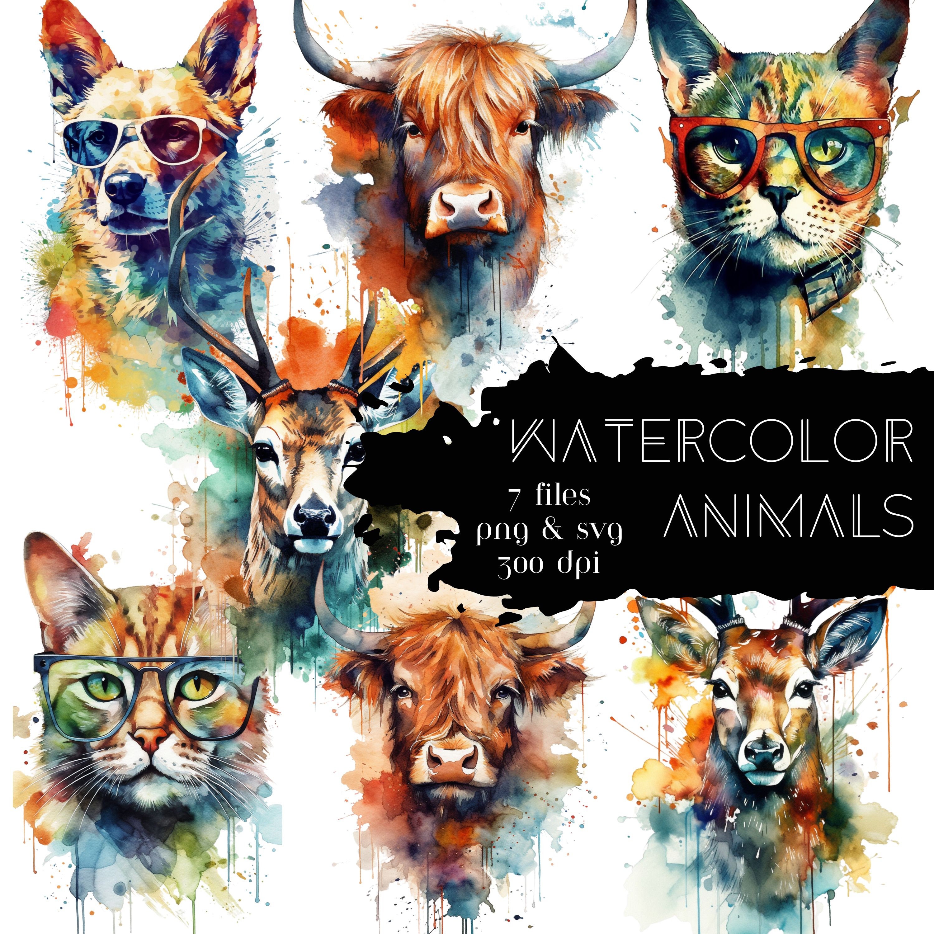 7 Watercolor Animals, SVG and PNG Files, Clip Art Downloads, Deer, Cow ...