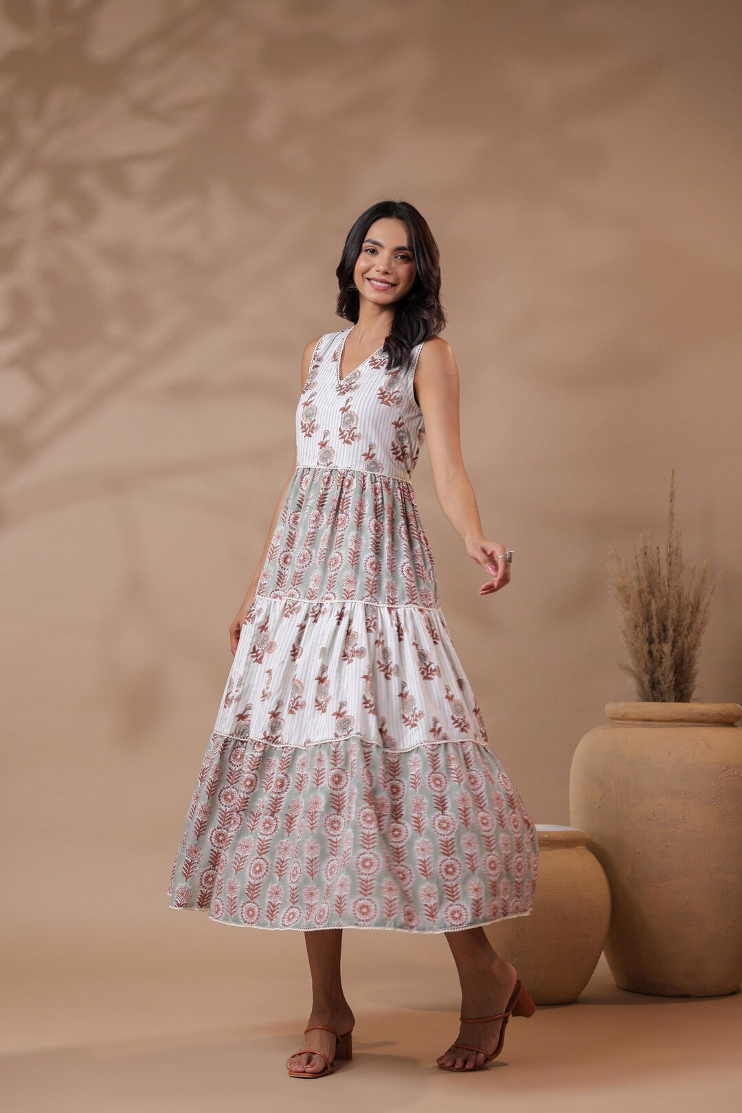 Hand Block Print Cotton Maxi Dress White Tiered A-line, Pockets, Lace ...