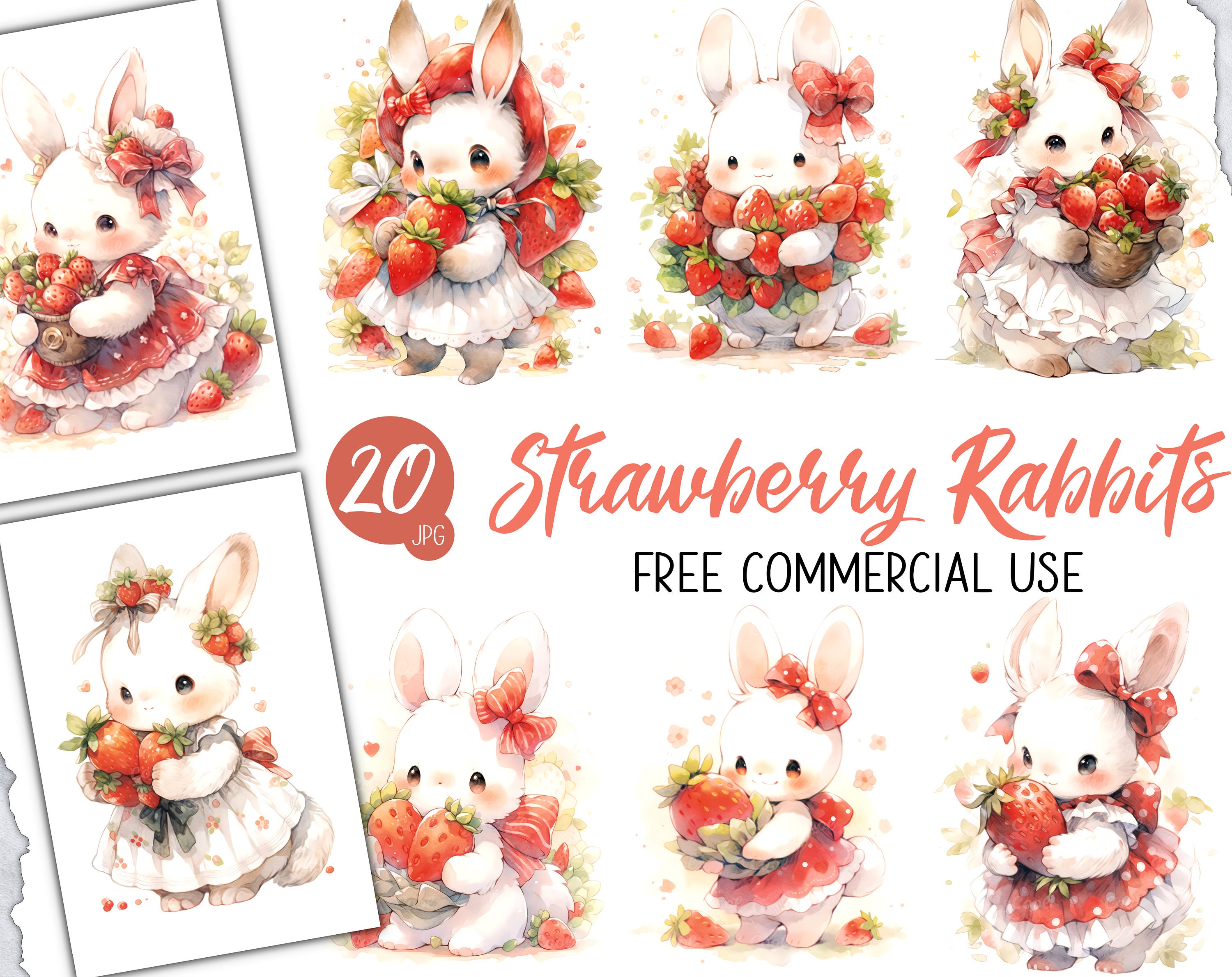 Strawberry Rabbits Clipart Bundle 20 Digital JPG Bunny Diet - Etsy