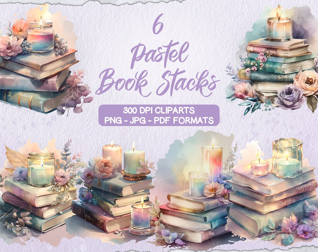 Watercolor Pastel Book Stack Clipart Bundle, Colorful Library Print PNG ...