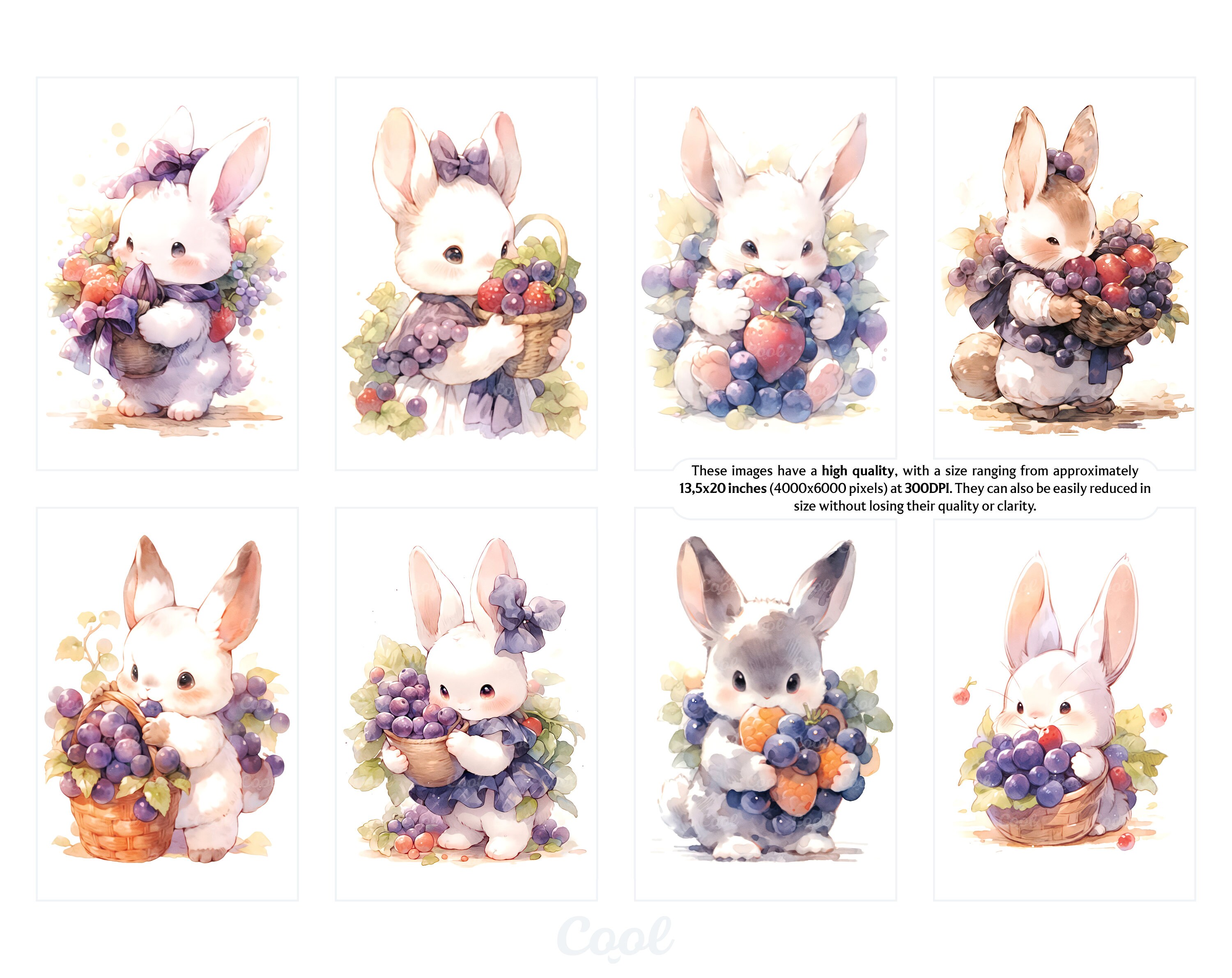 Grape Rabbits Clipart Bundle, 25 Digital JPG, Watercolor Bunnies, Fruit ...