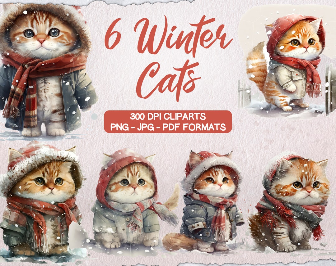 Watercolor Winter Cat Clipart Bundle, Cute Cat Painting PNG, Winter ...