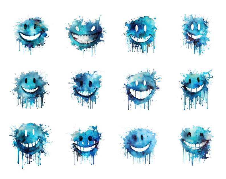 Watercolor Blue Smile Clipart Bundle, Neon Smiley Face JPG, Psychedelic ...