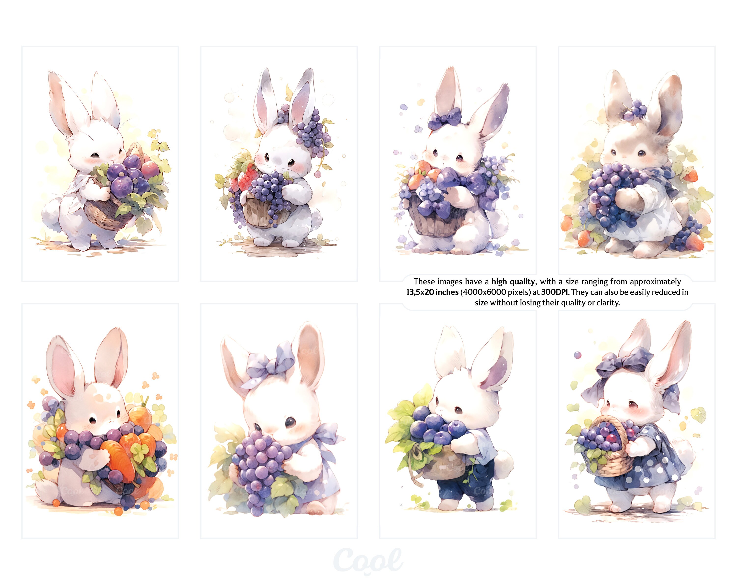 Grape Rabbits Clipart Bundle, 25 Digital JPG, Watercolor Bunnies, Fruit ...