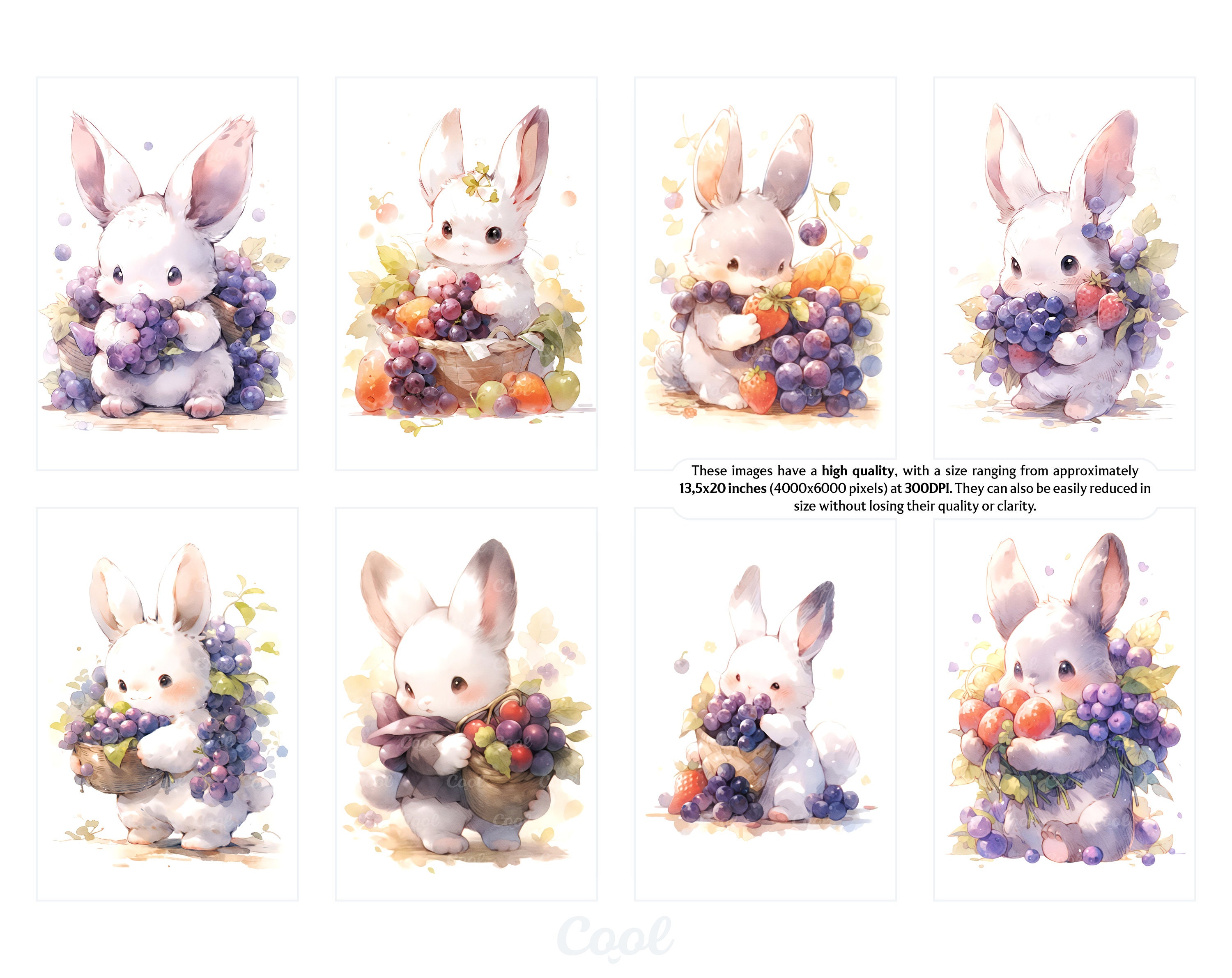 Grape Rabbits Clipart Bundle, 25 Digital JPG, Watercolor Bunnies, Fruit ...