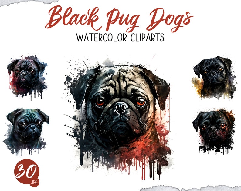 Watercolor Black Pug Dog Clipart Bundle Pet Portrait JPG - Etsy