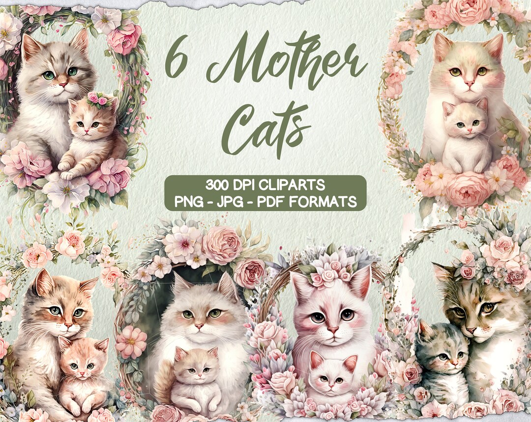 Watercolor Mother Cat Clipart Bundle Mom and Baby Cat PNG - Etsy