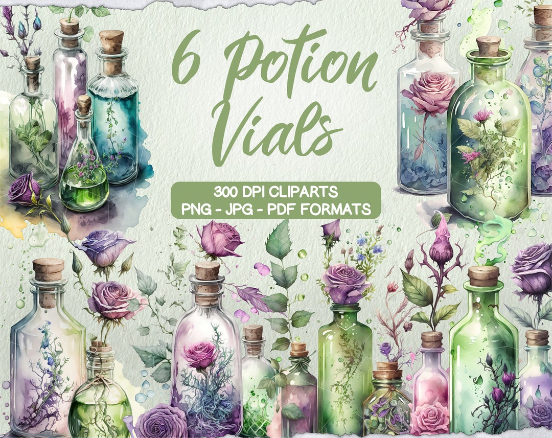 Watercolor Potion Vial Clipart Bundle, Rose Potion Bottle PNG ...