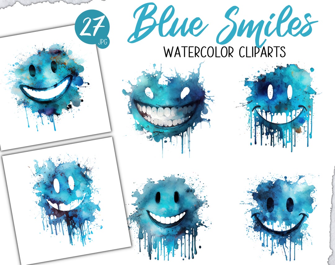 Watercolor Blue Smile Clipart Bundle, Neon Smiley Face JPG, Psychedelic ...