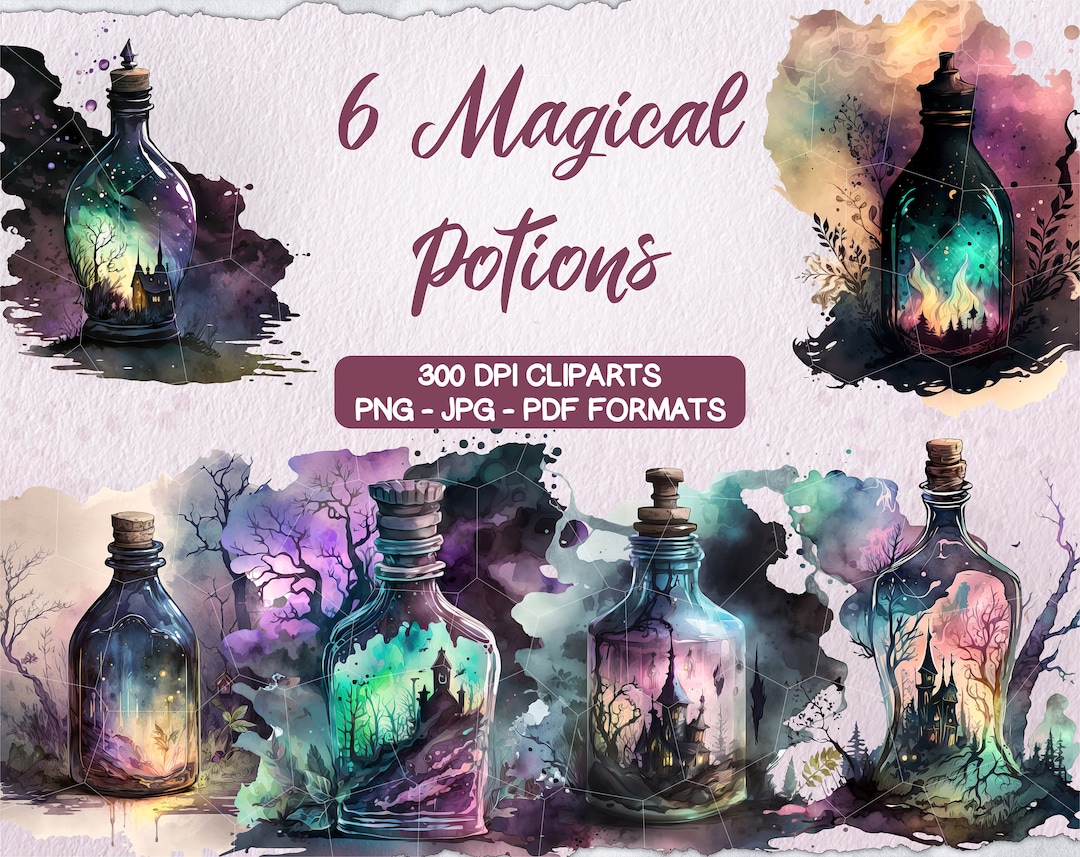 Watercolor Magical Potion Clipart Bundle, Potion Bottle Print PNG ...
