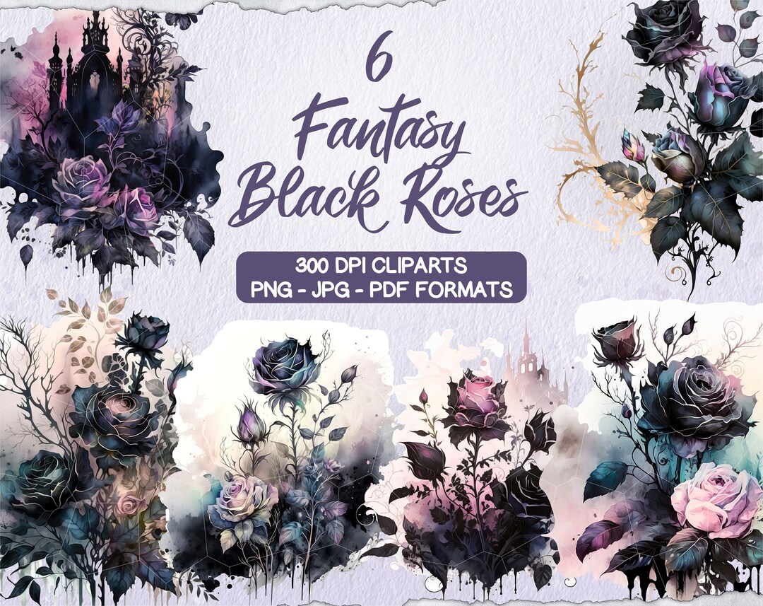 Watercolor Fantasy Black Rose Clipart Bundle Gothic Floral - Etsy