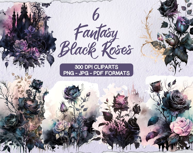 Watercolor Fantasy Black Rose Clipart Bundle Gothic Floral - Etsy