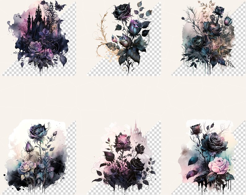 Watercolor Fantasy Black Rose Clipart Bundle Gothic Floral - Etsy