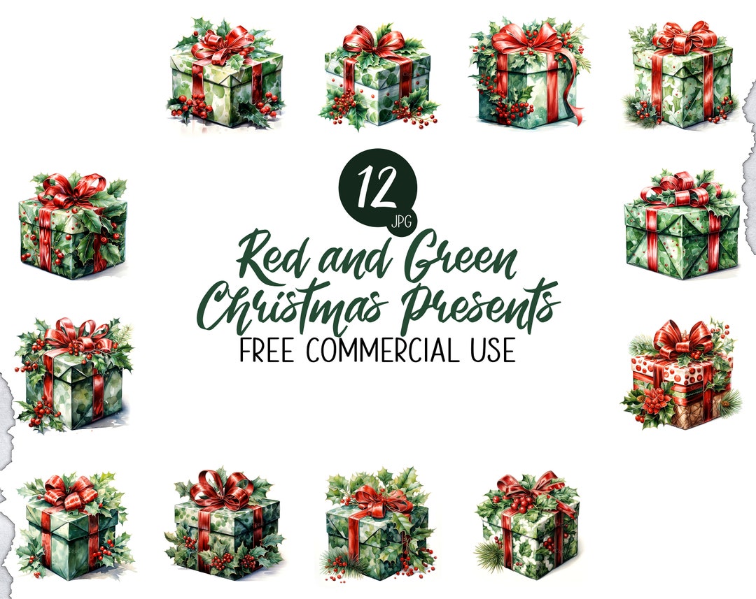 Red and Green Christmas Presents Clipart Bundle, 12 Digital JPG ...