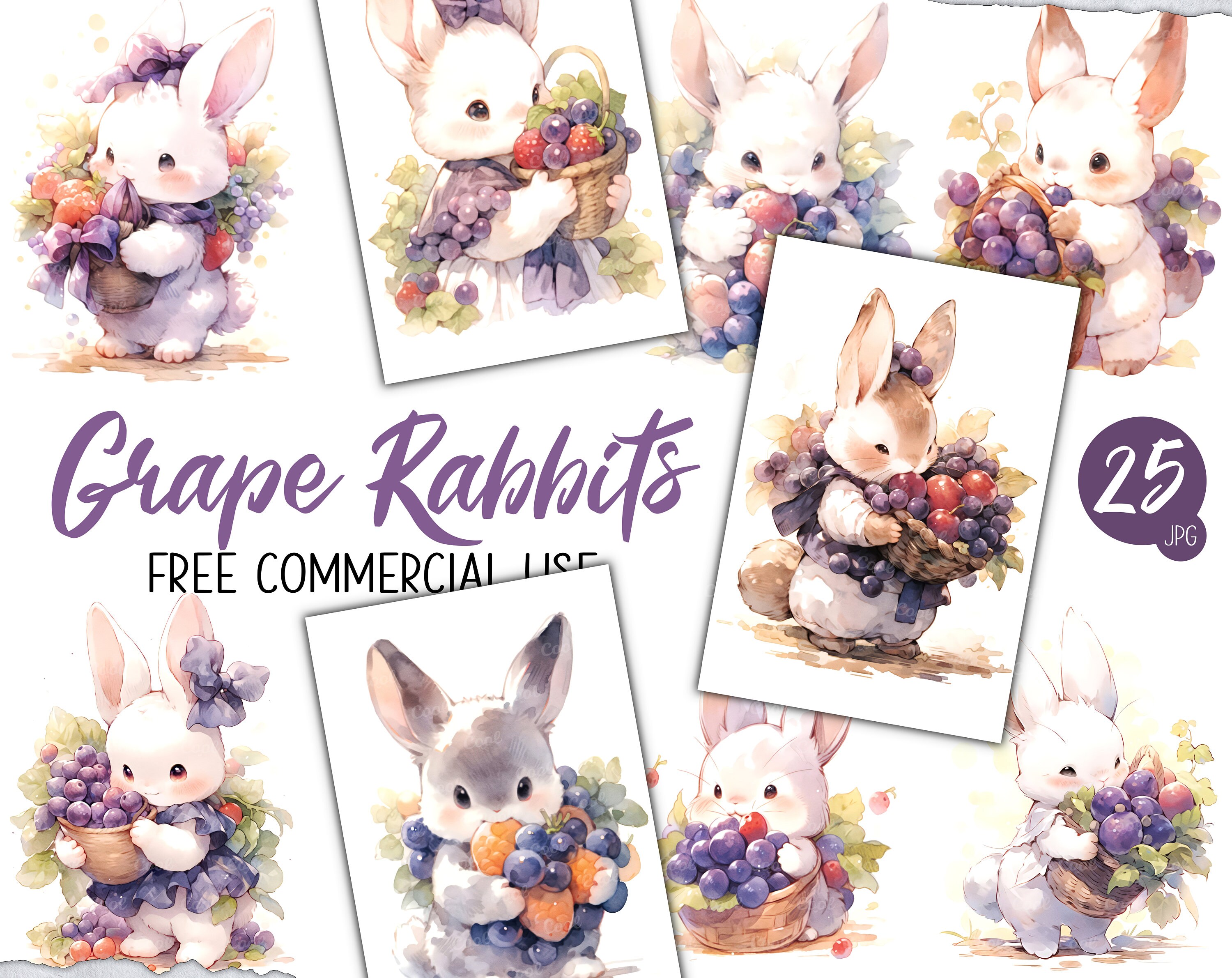 Grape Rabbits Clipart Bundle, 25 Digital JPG, Watercolor Bunnies, Fruit ...