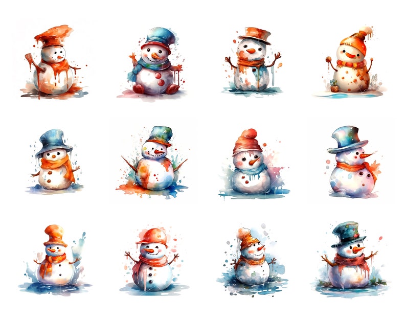 Watercolor Cute Melting Snowman Clipart Bundle Winter - Etsy